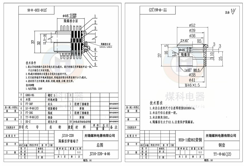 JZ10-220-Φ46隔爆型穿墙端子-JZ隔爆穿墙端子(含同轴线)-无锡煤科电器有限公司-无锡煤科电器有限公司