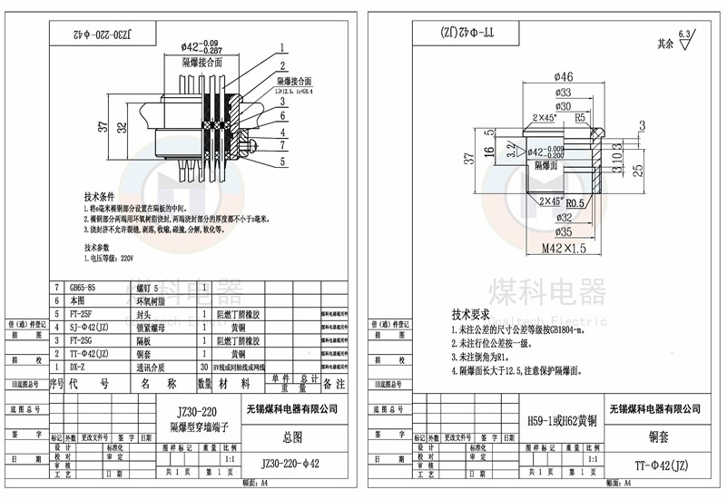 JZ30-220-Φ42隔爆型穿墙端子-JZ隔爆穿墙端子(含同轴线)-无锡煤科电器有限公司-无锡煤科电器有限公司