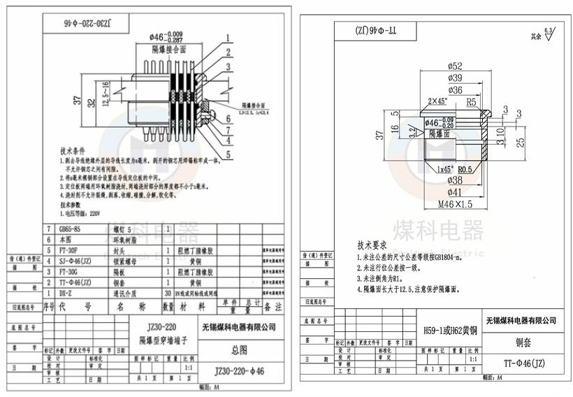 JZ30-220-Φ46隔爆型穿墙端子-JZ隔爆穿墙端子(含同轴线)-无锡煤科电器有限公司-无锡煤科电器有限公司